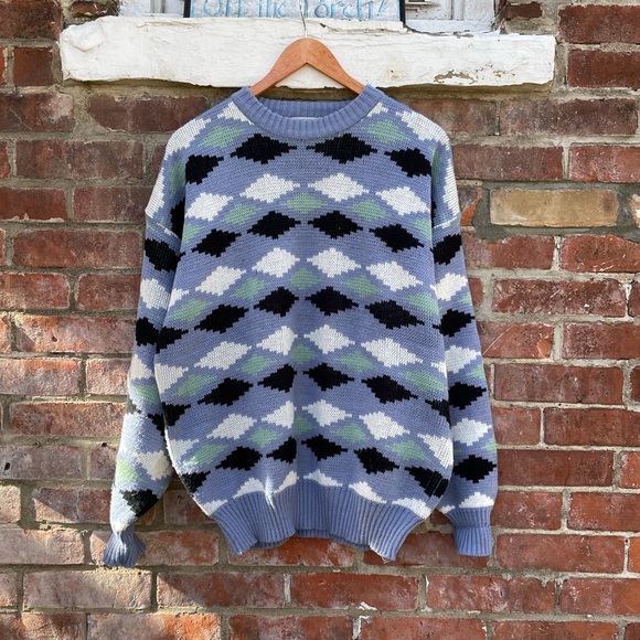 Vintage | Sweaters | Vintage 7s 80s Diamond Pattern Sky Blue Chunky ...